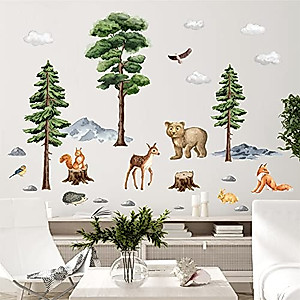 Jungle Animals Wall Decals,Cartoon Animals Wall Stickers,Watercolor Tree Animal Wall Stickers,Nursery Wall Decor Woodland Wall Decals,Bear Forest Animal Wall Decal for Kids Room Bedroom Playroom Decor