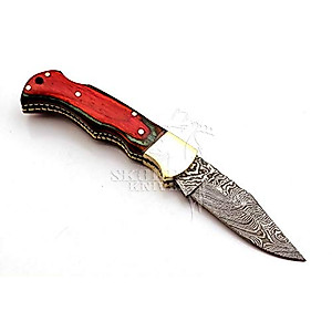 Skokie Knives Custom Hand Made Damascus Steel Hunting Folding Knife Handle Pakka Wood