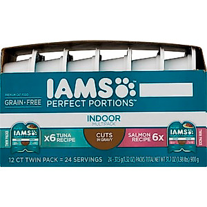 Iams Perfect Portions Indoor Adult Grain Free Wet Cat Food Pate Variety Pack, Salmon and Tuna Recipes, 2.6 oz. Easy Peel Twin-Pack Trays (12 Count, 24 Servings)