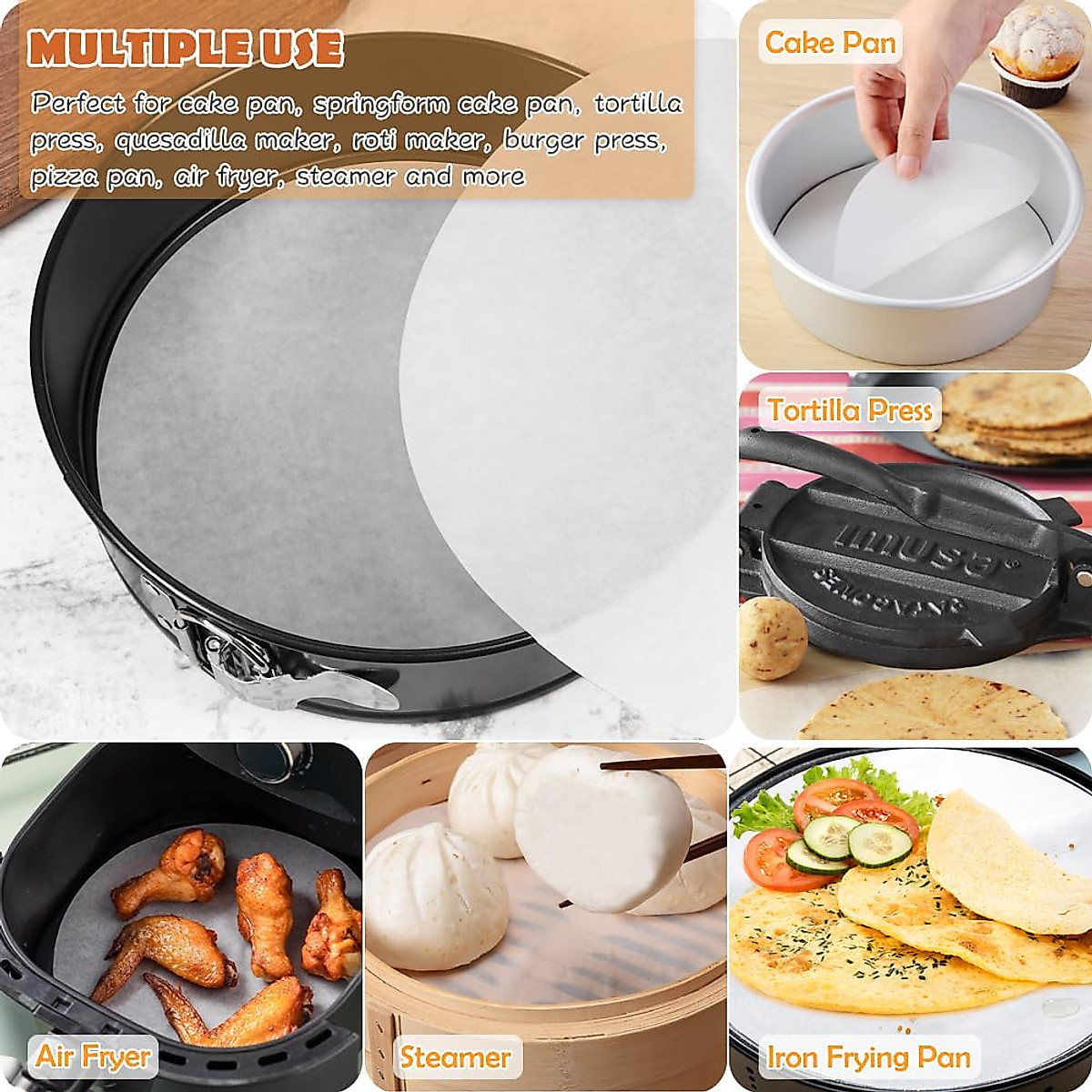 BYKITCHEN Parchment Paper Rounds, Set of 220, Non Stick 8 Inch Parchment Paper Sheet for Baking, Pre-cut Round Parchment Liners for Cake Pan, Tortilla Press, Quesadilla Maker, Springform Pan and More