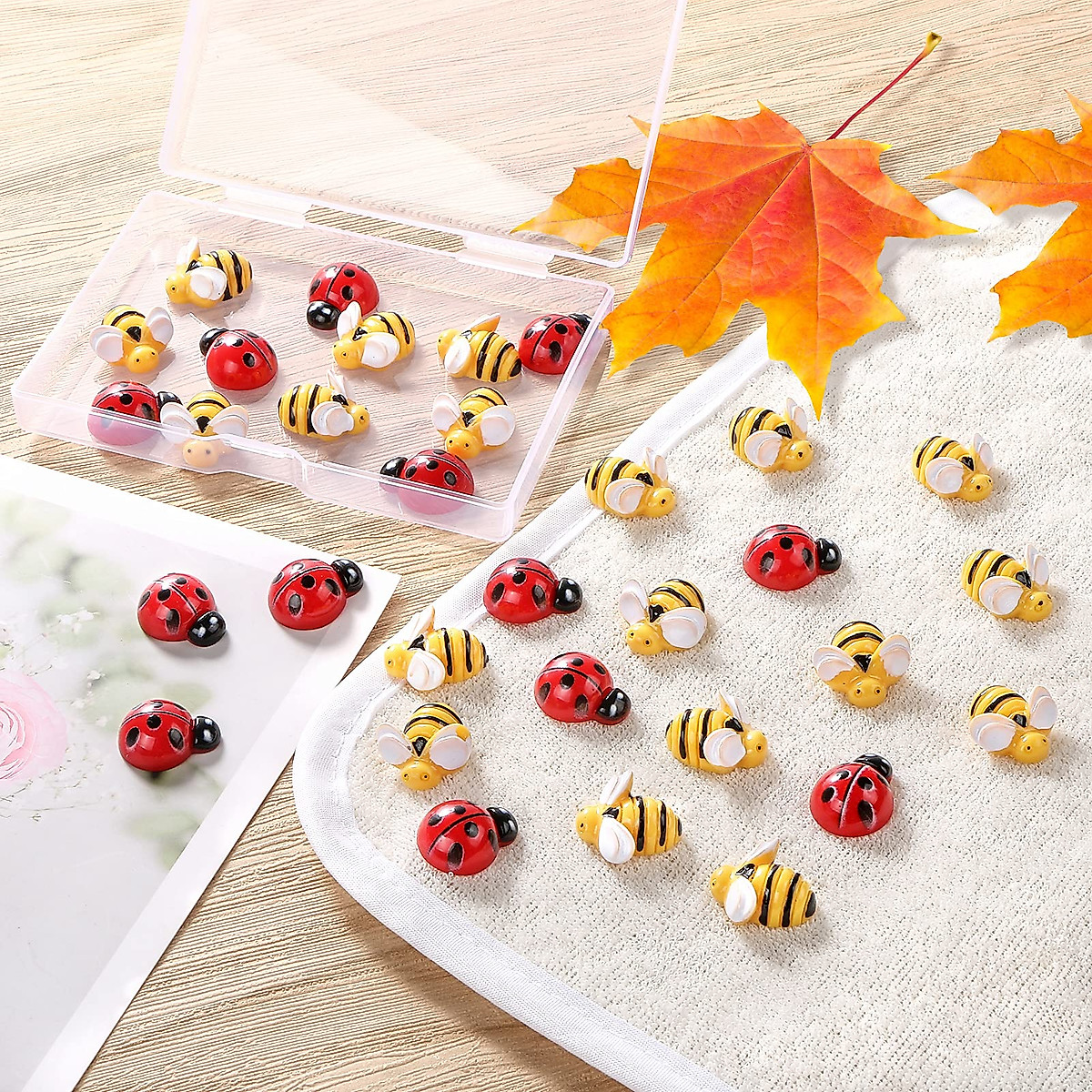 CCOZN 45 Pieces Tiny Resin Bees Ladybugs, 25 Pcs Resin Honey Bumblebees Embellishments 20 Pcs Garden Ladybugs Decors with Box Bee Decoration for DIY Crafts Wreath Scrapbooking, 0.75 Inch
