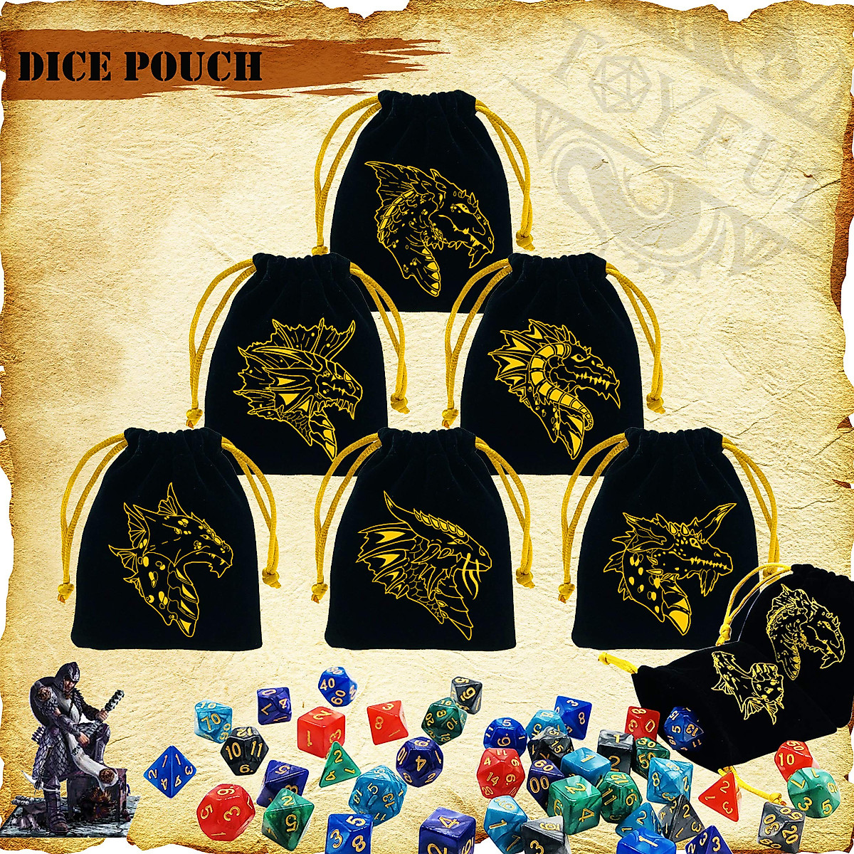 6 Sets DND Dice Polyhedral Dice Dungeons and Dragons Rolling Dice for RPG MTG Table Games Dice Bulk with Free Six Drawstring Bags and PU Leather D&D Dice Tray