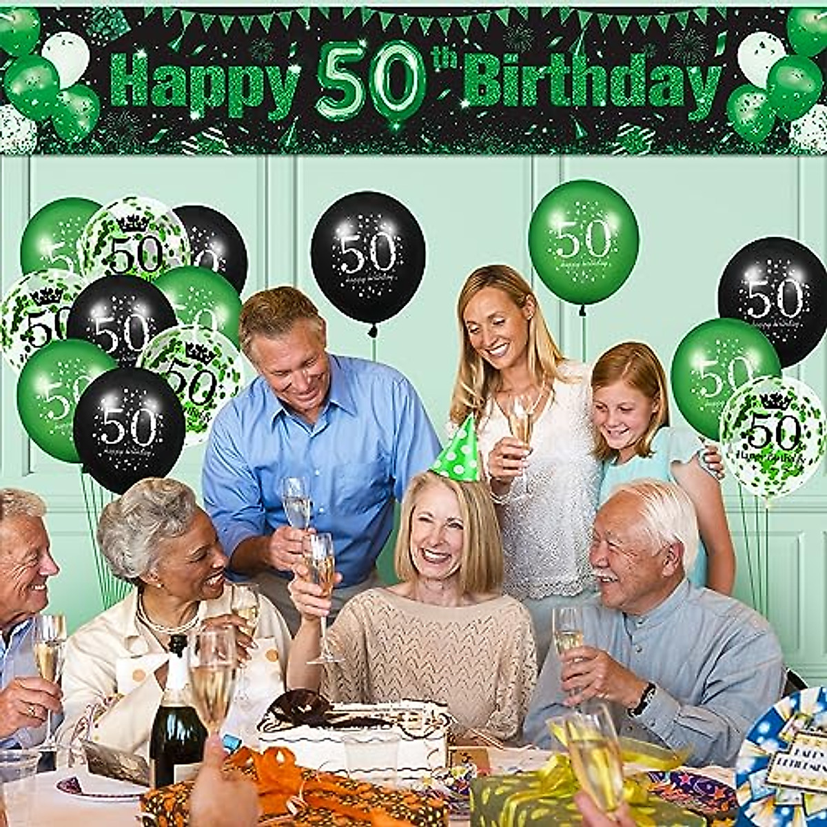 Green and Black 50th Birthday Banner and Balloons - 18pc Set for Indoor/Outdoor Decor
