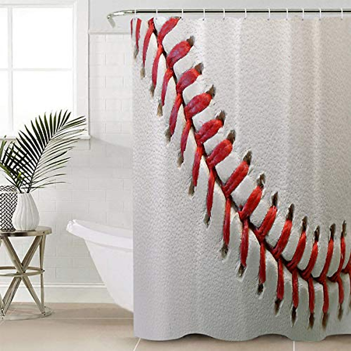 4 Pieces Bathroom Shower Curtain with Mats Set Sports Baseball Texture Closeup Background,Non-slip Bath Rugs Toilet Lid Cover U-shaped Carpet,Red and White Lines Laces Doormats Waterproof Curtains