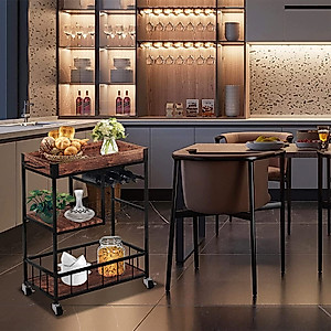 Fleecy day Wine Serving Bar Cart 3 Tier Home Rolling Rack with Wheels Mobile Kitchen Serving Cart,Industrial Vintage Style Wood Metal Serving Trolley Glass Holder Bar Cabinet