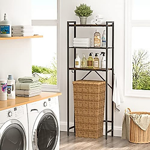 Hoctieon 3-Tier Over The Toilet Storage,Multifunctional Bathroom Organizer,Wood Bathroom Shelf, Metal Freestanding Toilet Rack with Hooks,Washroom Shelves, Space Saver, Rustic Brown