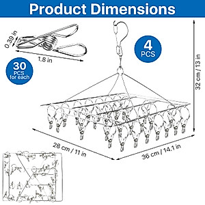 Akamino 4 Pcs Hanging Drying Rack,Stainless Steel Herb Drying Rack with 30 Stainless Clips,Collapsible Swivel Drying Rack Windproof Hook for Drying Herb Air Plants,Flowers,Towel,Bras,Lingerie, Sock