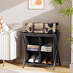 Huhote Luggage Rack for Guest Room, Set of 2, Folding Suitcase Stand with Fabric Storage Shelf, Luggage Holder, Steel Foldable Luggage Stand for Guest Room, Bedroom, Hotel, Black