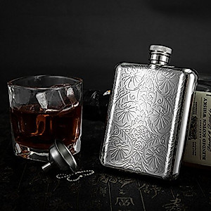 LANZON Hip Flask with Funnel, All 18/8 304 Food Grade Stainless Steel Curved Pocket Flask for Liquor | 6 OZ Capacity | Gift Boxed (Flower Pattern)
