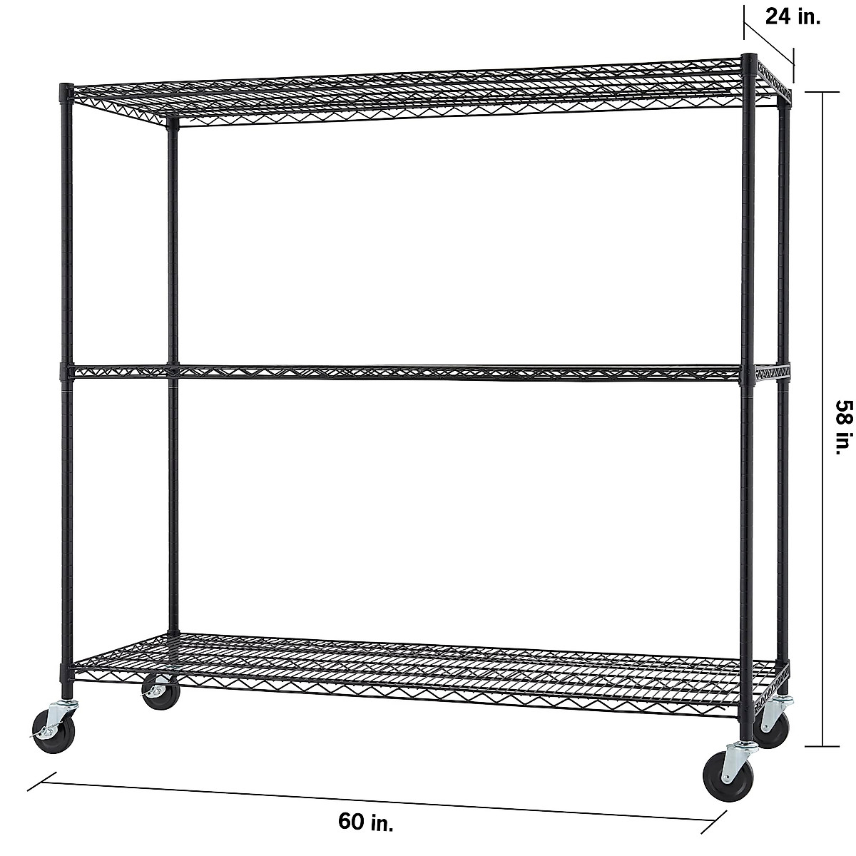 TRINITY Basics 3-Tier Adjustable Wire Shelving with Wheels for Kitchen Organization, Garage Storage, Laundry Room, NSF Certified, 600 to 1350 Pound Capacity, 60” by 24” by 54”, Black