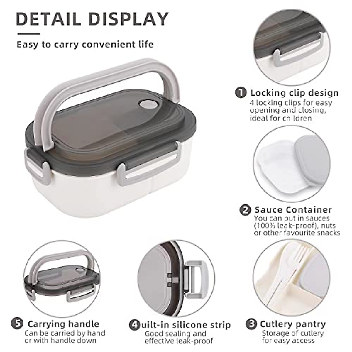 Bento Box,2 Layers Bento Box Adult Lunch Box with Salad Dressing Container and Carrying Handle,Lunch Box Containers for Toddler/Kids/Adults,1.3L-6Compartments&Utensils(White)