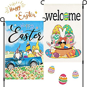 Tatuo 2 Pieces Easter Garden Flag 12 x 18 Inch Double Sided Burlap Yard Flags Holiday Rabbit Gnome House Flag Egg Spring Decorative Flag for Outdoor Decoration
