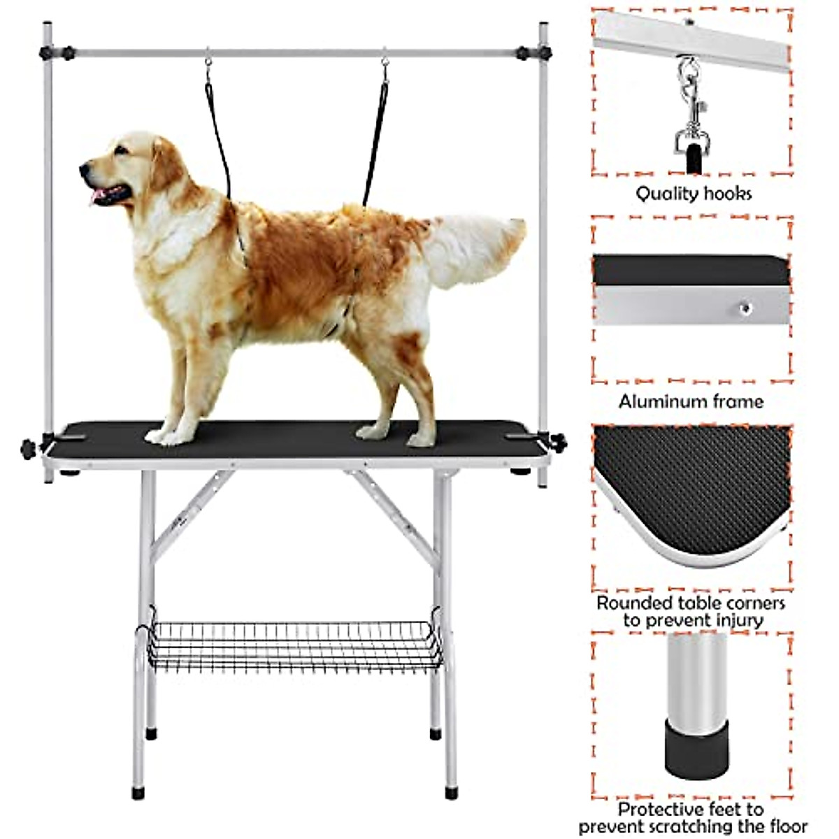 Yaheetech 46'' Pet Grooming Table for Large Dogs Adjustable Height Portable Trimming Table Drying Table w/Arm/Noose/Mesh Tray Maximum Capacity Up to 265Lb, Black