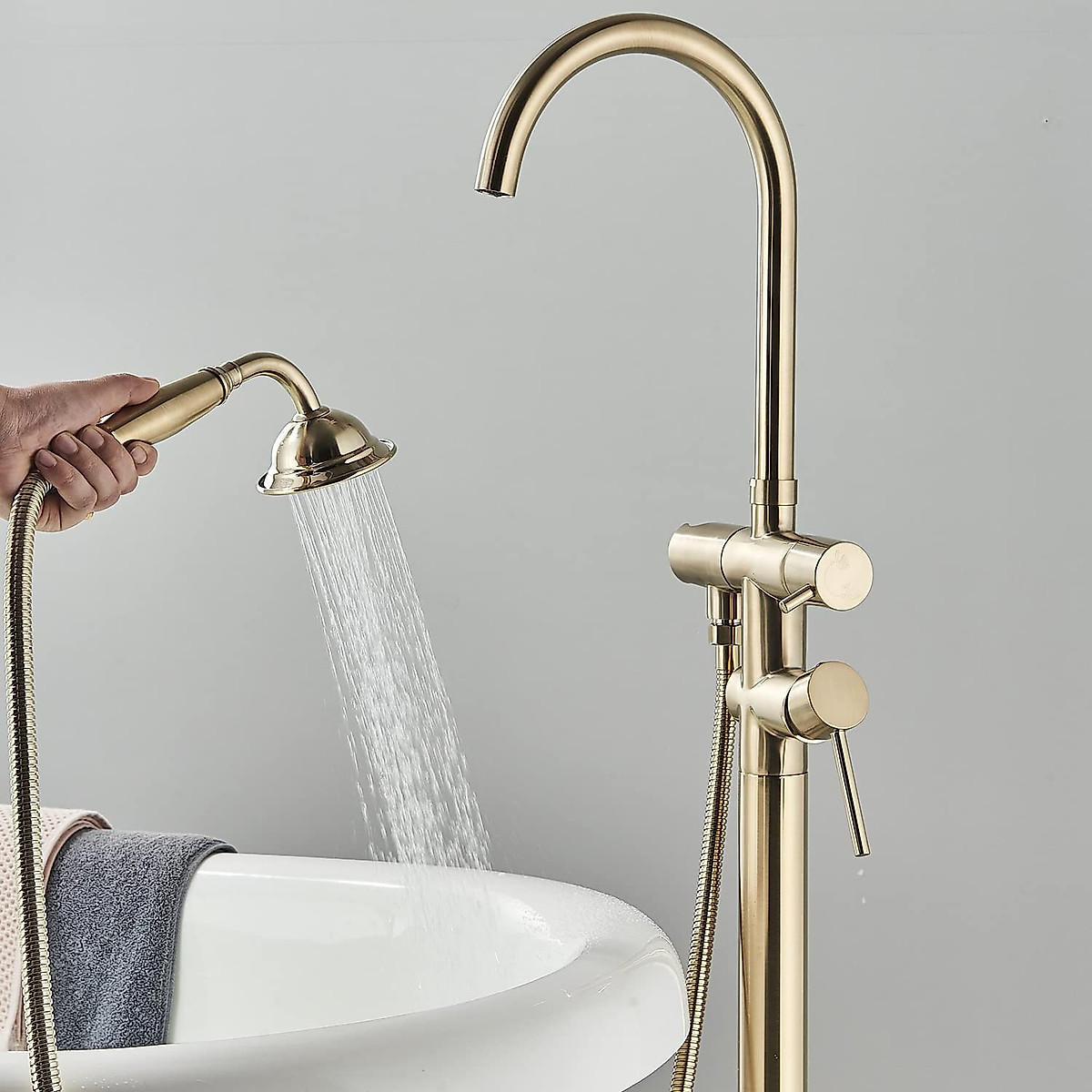 Freestanding Tub Filler Bathtub Faucet Brushed Gold Floor Mounted Brass Faucets with Handheld Shower