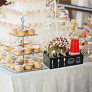 5-Tier Paper Plate Holder & Utensil Organizer for Kitchen - Wooden Storage Rack for Party, Picnic, BBQ | Under Cabinet Space Saving Design with 5 Compartments for Plates, Napkins, Cutlery (Black)