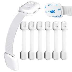 Baby Safety Locks | Child Proof Cabinets, Drawers, Appliances, Toilet Seat, Fridge and Oven | Tools Not Required | Uses 3M Adhesive with Adjustable Strap and Latch System (6-Pack, White)