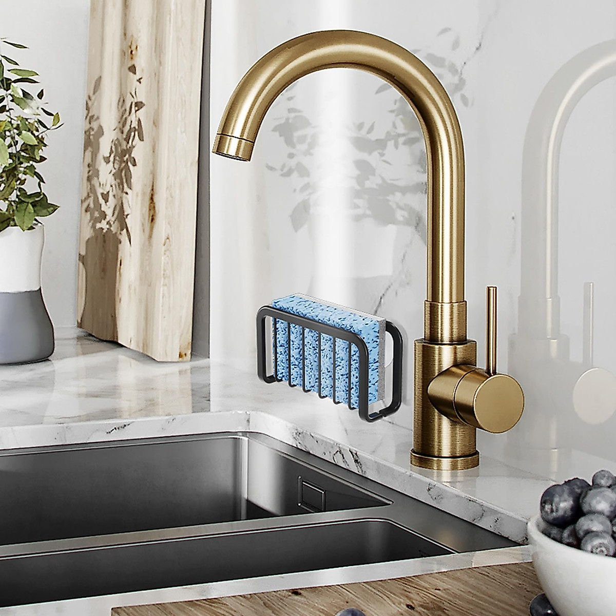 GOODBUY Sponge Holder for Kitchen Sink, Anti-Rust Sink Sponge Holder with Suction Cups, Aluminum Sink Caddy Kitchen Sink Organizer for Sponges, Scrubbers, Soap, Bathroom 5.9" x 2" x 3.3" Grey