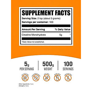 BulkSupplements.com Creatine Monohydrate Powder - Creatine Supplement, Micronized Creatine, Creatine Powder - Unflavored & Gluten Free, 5g (5000mg) per Servings, 500g (1.1 lbs) (Pack of 1)
