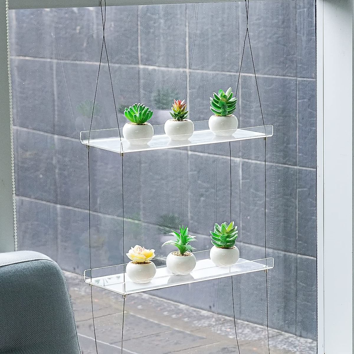 Sumerflos 2-Tier Acrylic Plant Shelves for Window of Kitchen, Bedroom, Living Room, 16 Inch Window Wall Flower Double Hanger Boxes, Height Adjustable Hanging Shelves for Indoor Plants, Succulents