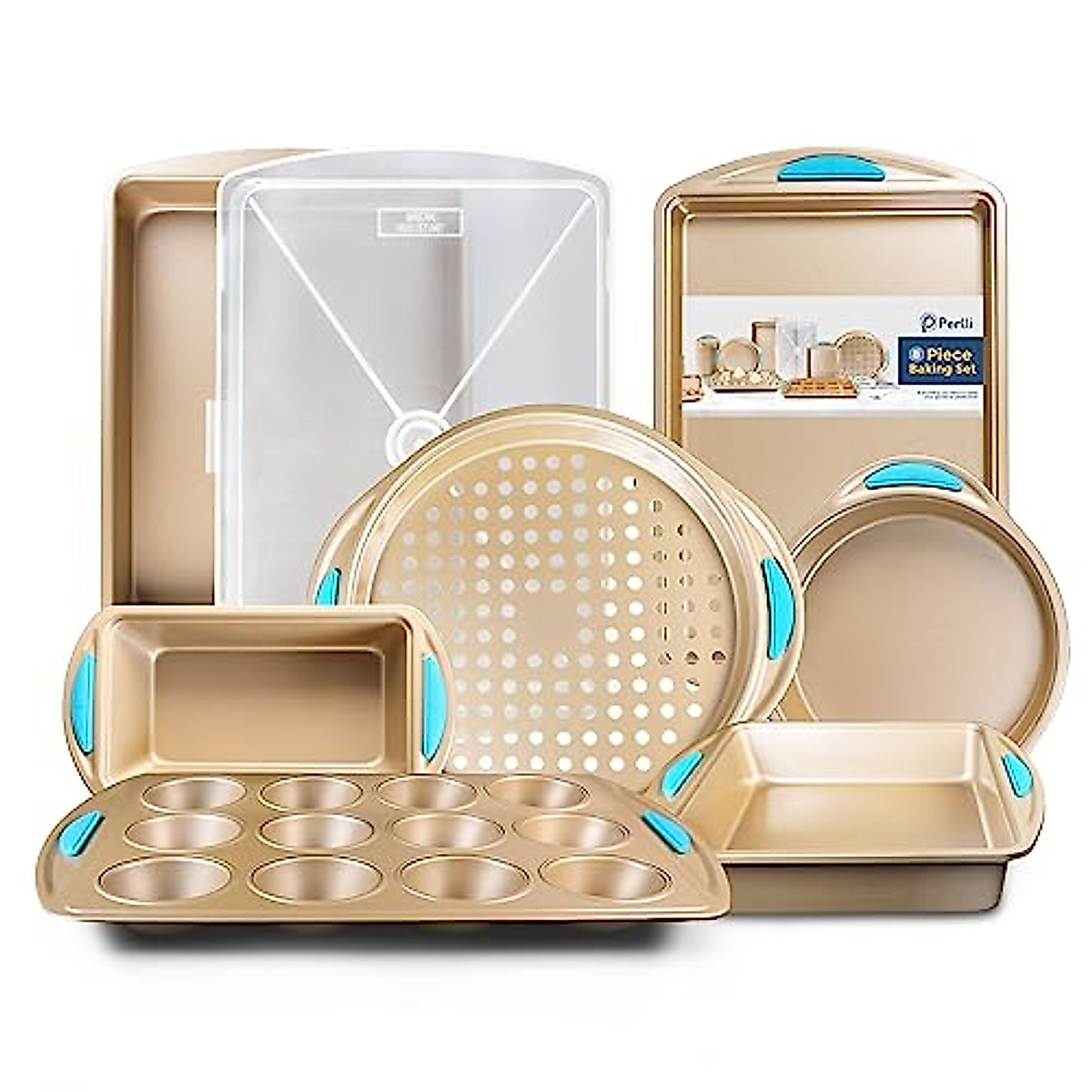 Baking Pan 8 Piece Set Nonstick Gold Carbon Steel Oven Bakeware Kitchen Set with Silicone Handles, Cookie Sheet, Roasting Pan, Lid, Square Pan, Pie Pan, Loaf Pan, Pizza Crisper, Muffin Pan by PERLLI