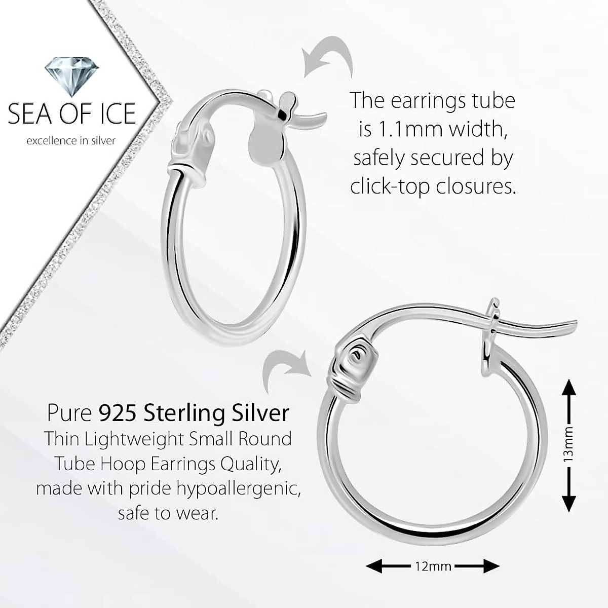 Sterling Silver Earrings for Women - Hoops Earrings For Women - Hypoallergenic Earrings for Women Silver, Silver 12MM