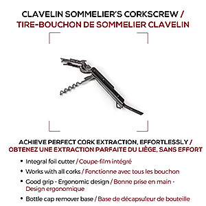 Peugeot - Clavelin Sommelier’s Corkscrew - Patented Single Pull Manual Bottle Opener with Foil-Cutter and Bottle Cap Remover, Black, 5.5 Inches