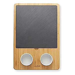 Casafield Organic Bamboo Cheese Board Gift Set - Wooden Charcuterie Platter Serving Tray for Meat, Fruit and Crackers - Slate Board, 2 Ceramic Bowls, 4 Stainless Steel Knives, Slate Labels and Chalk