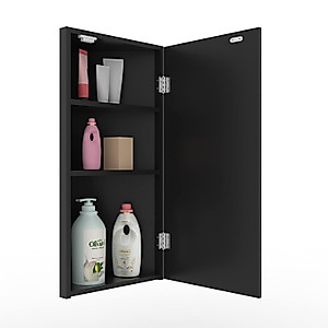eclife 24" Bathroom Corner Medicine Cabinet W/Mirror, Single Door Bathroom Black Wall Mount Mirror Cabinet, Hanging Triple Shelf Storage Cabinet Opens Left to Right
