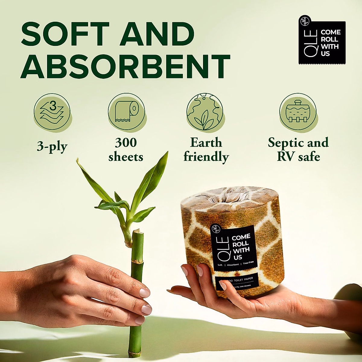 QLE Bamboo Toilet Paper 4 Pack 3 Ply 300 Sheets Bamboo RV Toilet Paper Rolls - Organic Chemical Free Toilet Paper, Hypoallergenic Toilet Paper Bamboo Soft, Compostable Septic Safe Plant Toilet Paper