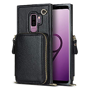 DEFBSC Crossbody Zipper Wallet Samsung Galaxy S9 Plus Case, PU Square Case with Chain Credit Card Holder Slot Shoulder Handbag Purse Wrist Strap Case for Samsung S9 Plus 6.2 Inch(Black)
