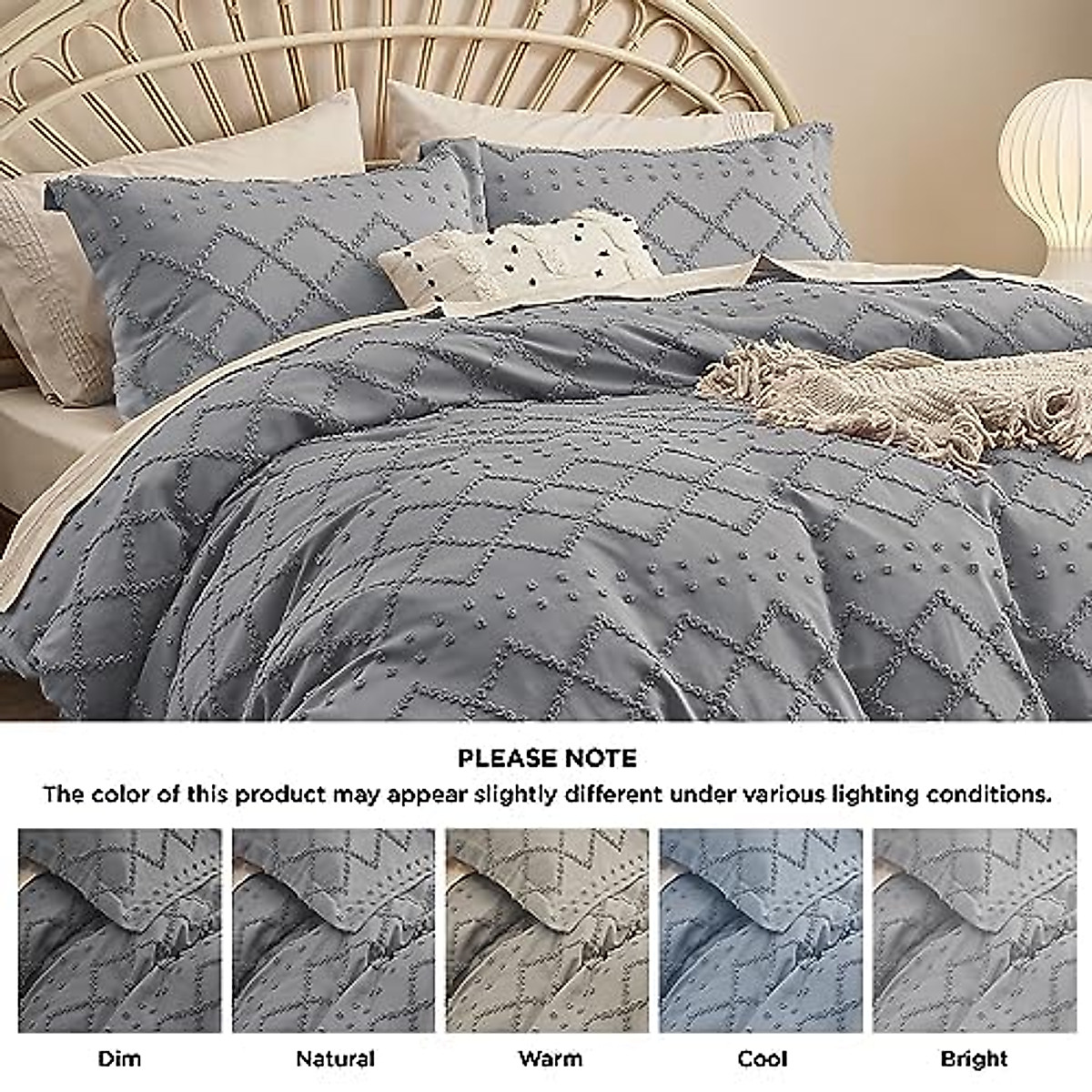 Bedsure Boho Duvet Cover Queen Size - Boho Bedding, Tufted Queen Duvet Cover for All Seasons, 3 Pieces Embroidery Shabby Chic Home Bedding,Comforter Not Included (Grey, 90" x 90")