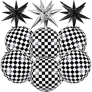6 Pcs Race Car Checkered Balloons 3 Pcs Explosion Pointed Star Foil Balloons for Racing Party Decorations, 22'' Jumbo Sphere 4D Black and White Checkered Flag Mylar Balloons for Birthday Party