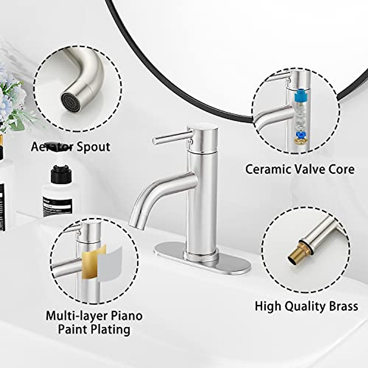 Brushed Nickel Bathroom Faucet GGStudy Single Handle One Hole Bathroom Sink Faucet Matching Pop Up Drain with Overflow Bathroom Vantity Faucet