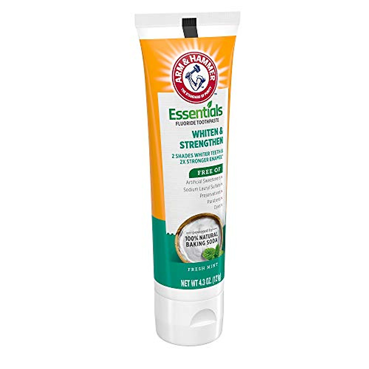 ARM & HAMMER Essentials Whiten & Strengthen Fluoride Toothpaste-4 Pack of 4.3oz Tubes, Fresh Mint- 100% Natural Baking Soda- Fluoride Toothpaste