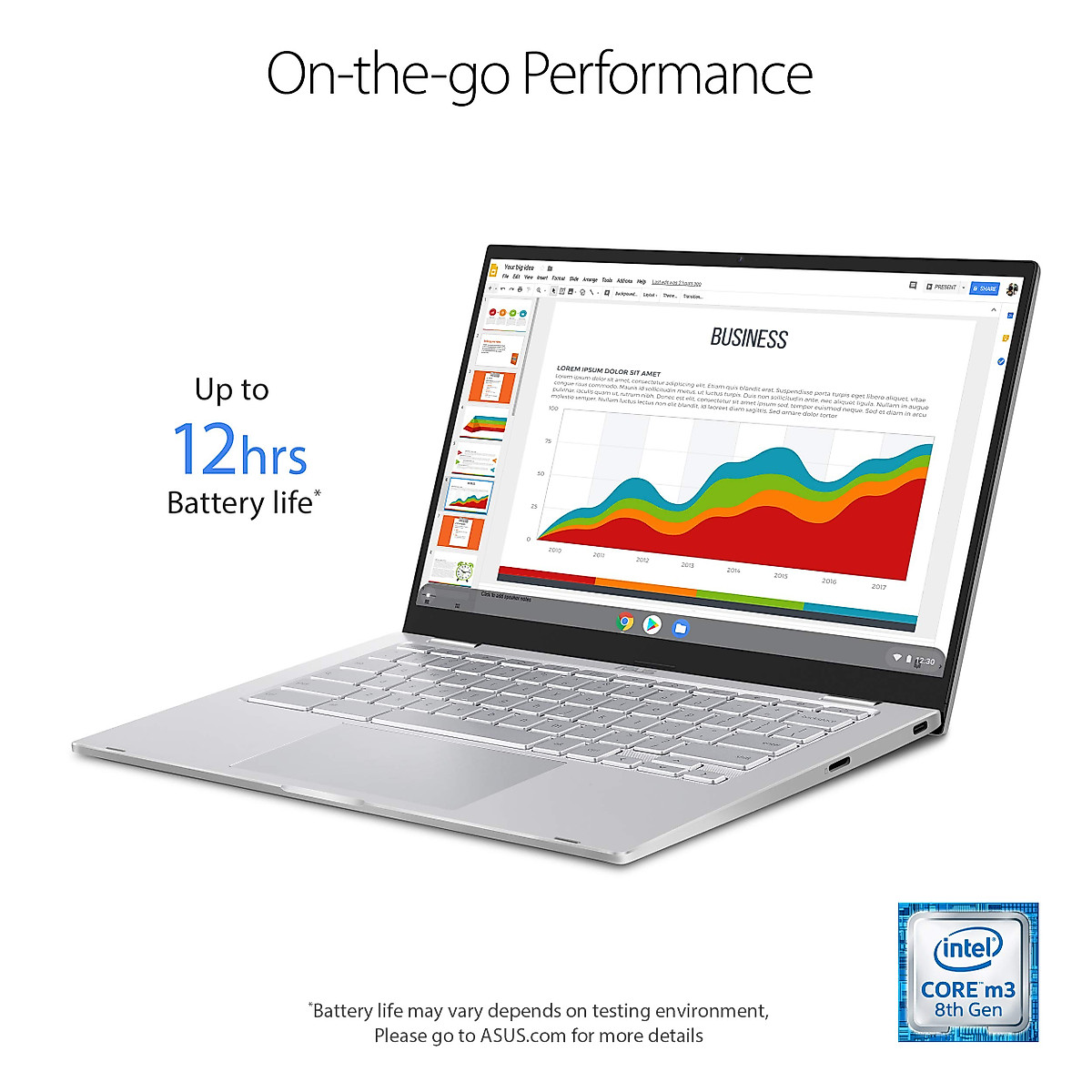 ASUS Chromebook C425 Clamshell Laptop, 14" FHD 4-Way NanoEdge Touch Screen, Intel Core m3-8100Y Processor, 4GB RAM, 128GB eMMC Storage, Backlit KB, Silver, Chrome OS, C425TA-AS348FT