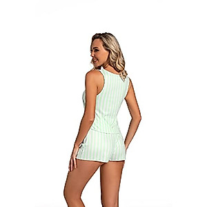 Summer Pajama Set For Women - Green Cartoon Print Sleepwear Sleevless Shirt with Short Large Designed Specifically For Women To Wear During Warmer Months.