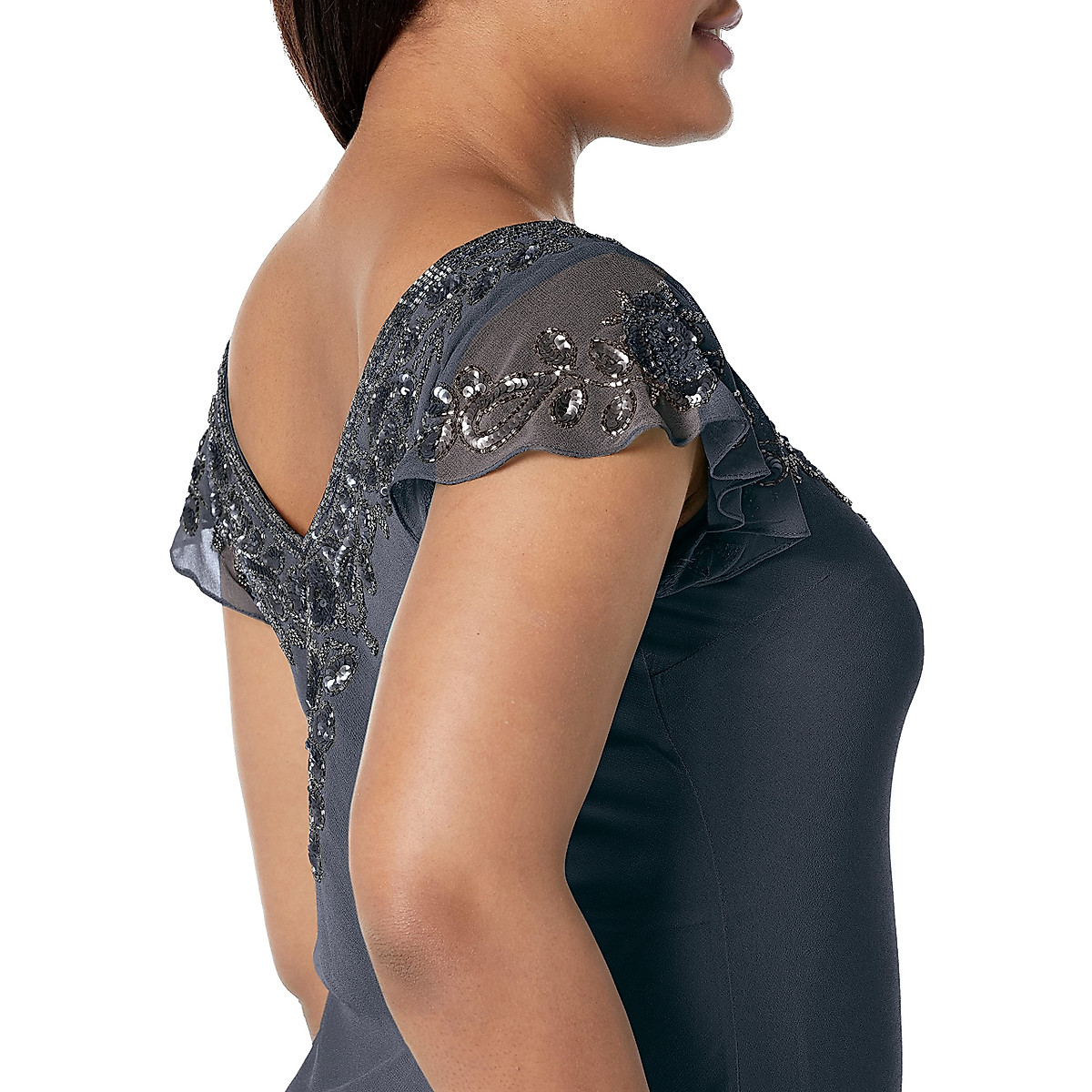 J Kara Women's Flutter Sleeve Hanky Hem Short Cocktail Beaded Dress, Grey/Black/Mercury, 12