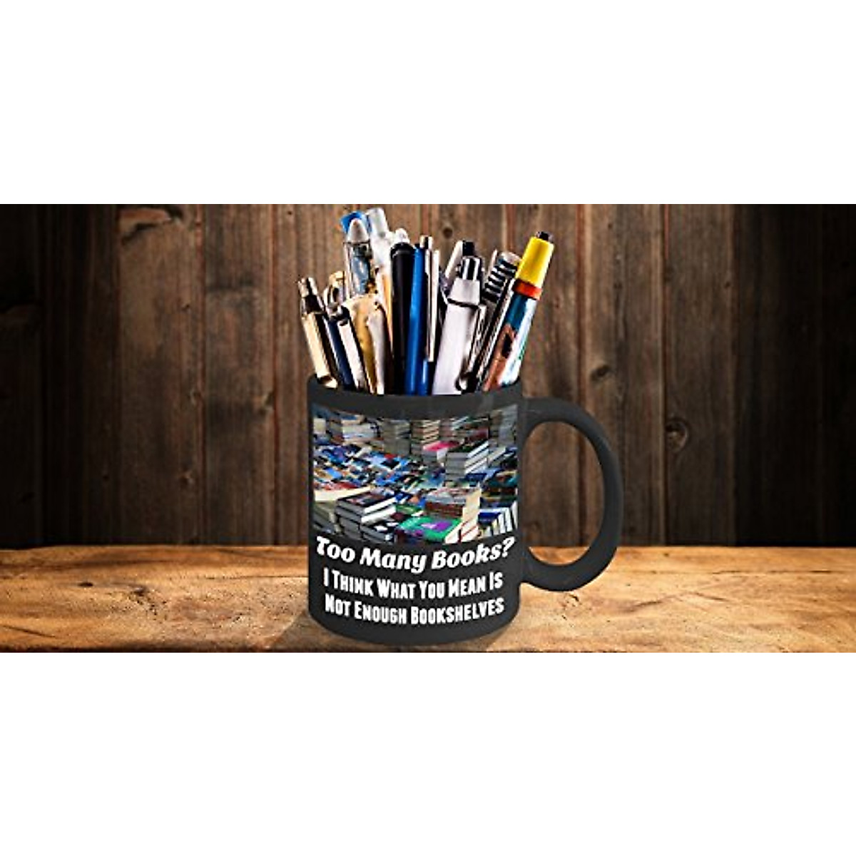 Vitazi Kitchenware Novelty Gifts - Book Lover Mug (15oz) Too Many Books? I Think...Not Enough Bookshelves, With Image Ceramic Coffee Cup - Gift for Bookworms, Readers, Book Nerds (Black)