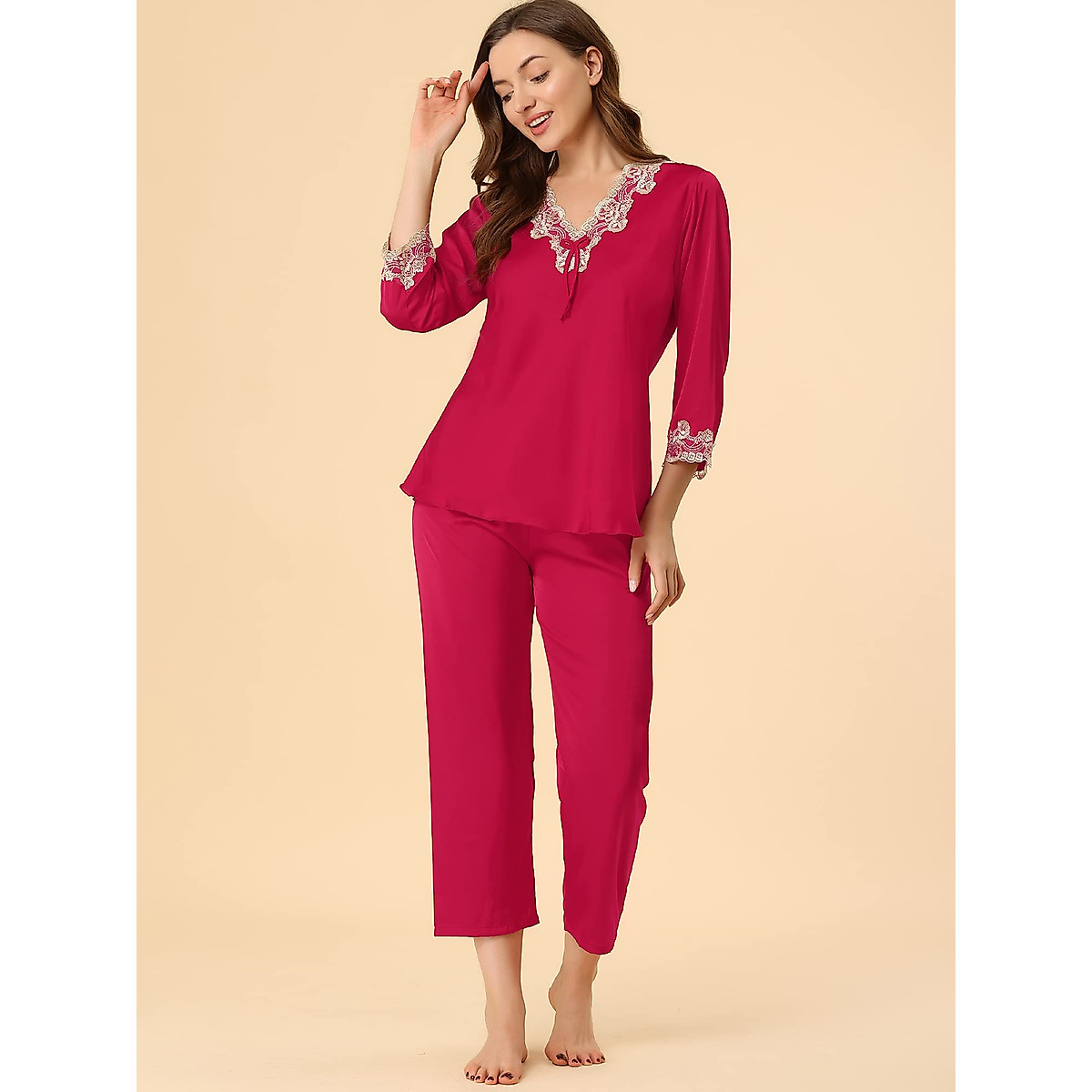 Allegra K Women’s Pajama Sets Sleepwear Soft Female Night Suit Lounge Sets Small Red