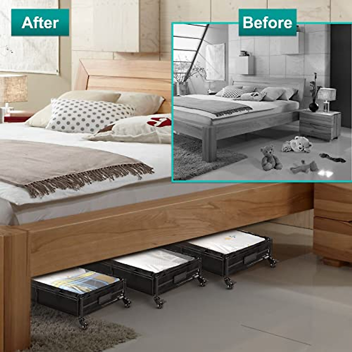 OOOMART.COM Under Bed Storage with Wheels, Under Bed Storage Containers for Shoe Organizers Under Bed, Rolling Underbed Storage for Bedroom Clothes Shoe Blankets, (with Liner,2 Pack)