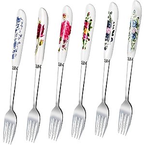 6Pcs Dinner Stainless Steel Forks Silverware - Dinner Fork with Ceramic Handle Stainless Steel Cutlery Forks Set - Dessert Forks and Spoons Silverware for Home, Restaurant and Kitchen Cutlery Sets