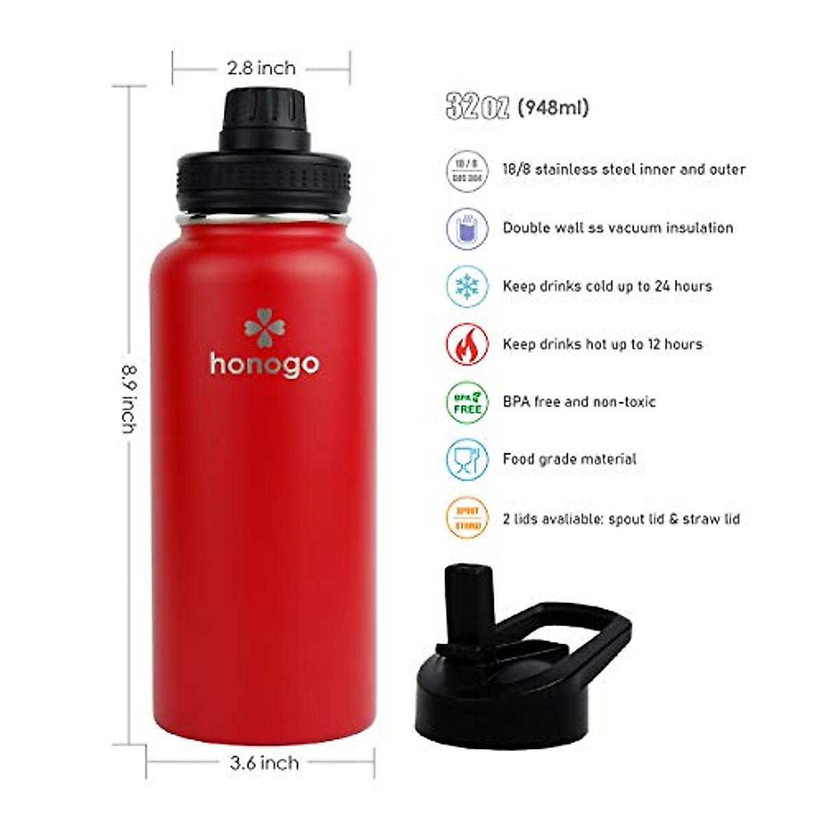honogo 32 oz Powder Coated Double Wall Vacuum Insulated Sports Water Bottle, 18/8 Stainless Steel Wide Mouth Thermos Flask with Straw Lid & Spout Lid, Leak Proof, Sweat Free, BPA Free (Red, 32 oz)