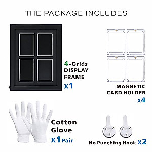 ZzHobbiEs 4 Grids Trading Cards Display Frame, Solid Wood Frame with 4 Pieces Magnetic Card Holder Wall Mount Or Table Stand Display for Football Basketball Collector Cards(Standard Cards, 4Grids)