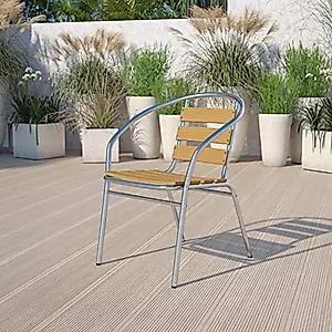 Flash Furniture Commercial Aluminum Indoor-Outdoor Restaurant Stack Chair with Triple Slat Faux Teak Back