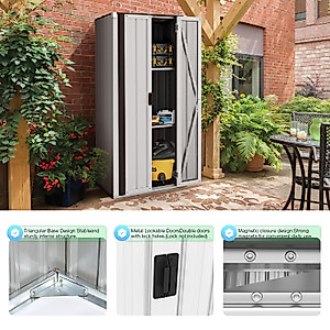 AECOJOY Outdoor Storage Cabinet Waterproof with Adjustable Shelves, Lockable Metal Outdoor Garden Storage Shed Organizer, Versatile for Garage, Backyard, or Indoor Use in White