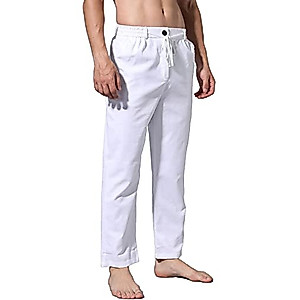 AITFINEISM Men's Casual Linen Pants Elastic Waist Summer Beach Loose Fit Trousers (32-34, A-White)