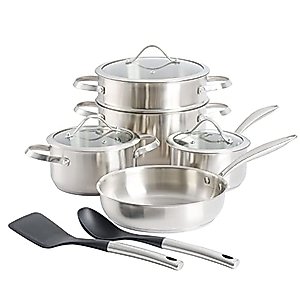 Kenmore Aiden 10 Piece Brushed Stainless Steel Pots and Pans Cookware Set with Kitchen Tools