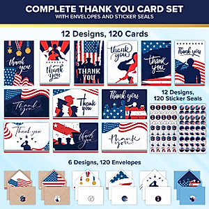 Decorably 120 Pack Veterans Day Cards with Envelopes & Stickers - 12 Designs Blank Inside Military Thank You Cards, 6x4in Patriotic Thank You Cards, Veteran Day Cards, Veteran Thank You Cards