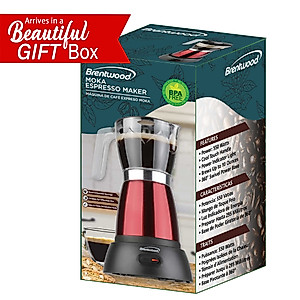 Brentwood TS-119R Electric Moka Pot Espresso Machine, 6 servings, Red
