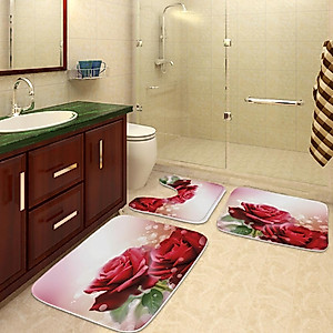 lczVEN Red Rose Bath Rugs, Imitation Cashmere Romantic Floral Glittering Bubble Bath Mat, Ultra Soft Non-Slip Bath Mats for Bathroom, 3Pcs Bathroom Rug Set